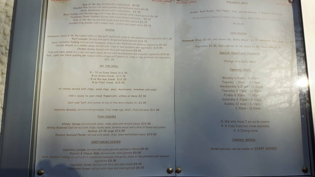 Menu at Wilson Arms pub & bar, Whitby