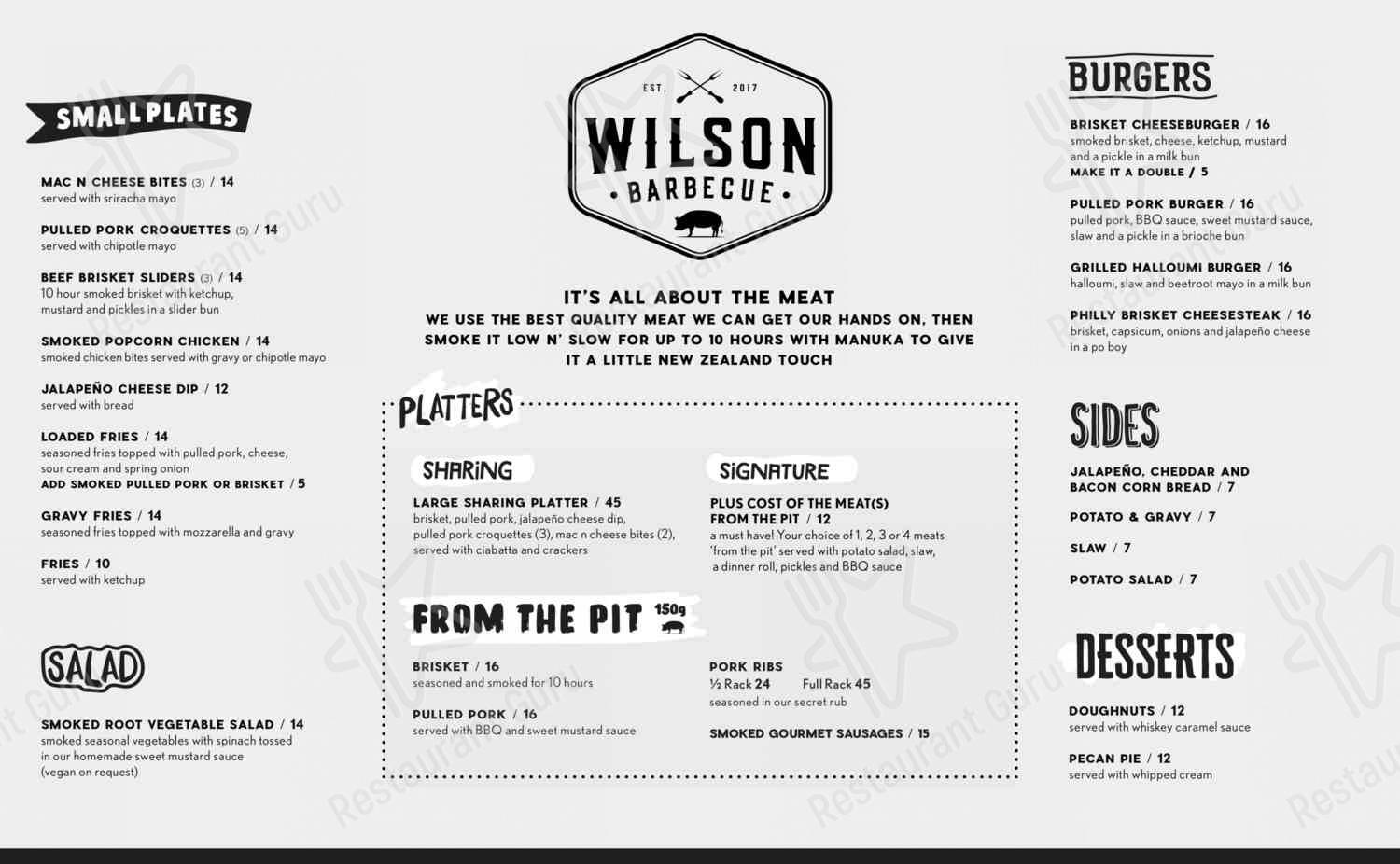 Menu at Wilson Barbecue, Wellington, 30 Arthur St
