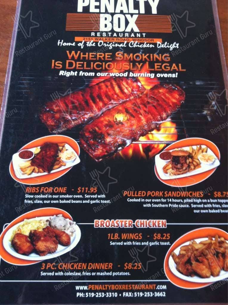 Menu at Windsor's Penalty Box Restaurant, Windsor