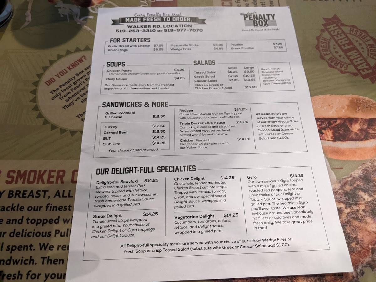 Menu at Windsor's Penalty Box Restaurant, Windsor
