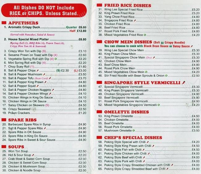 Menu at Wing Lee restaurant, Stockport, 414 Manchester Rd