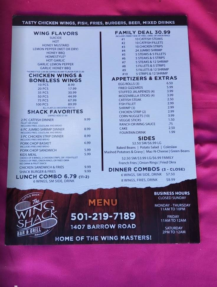 Menu at Wing Shack Sports Bar and Grill, Little Rock, John Barrow Rd