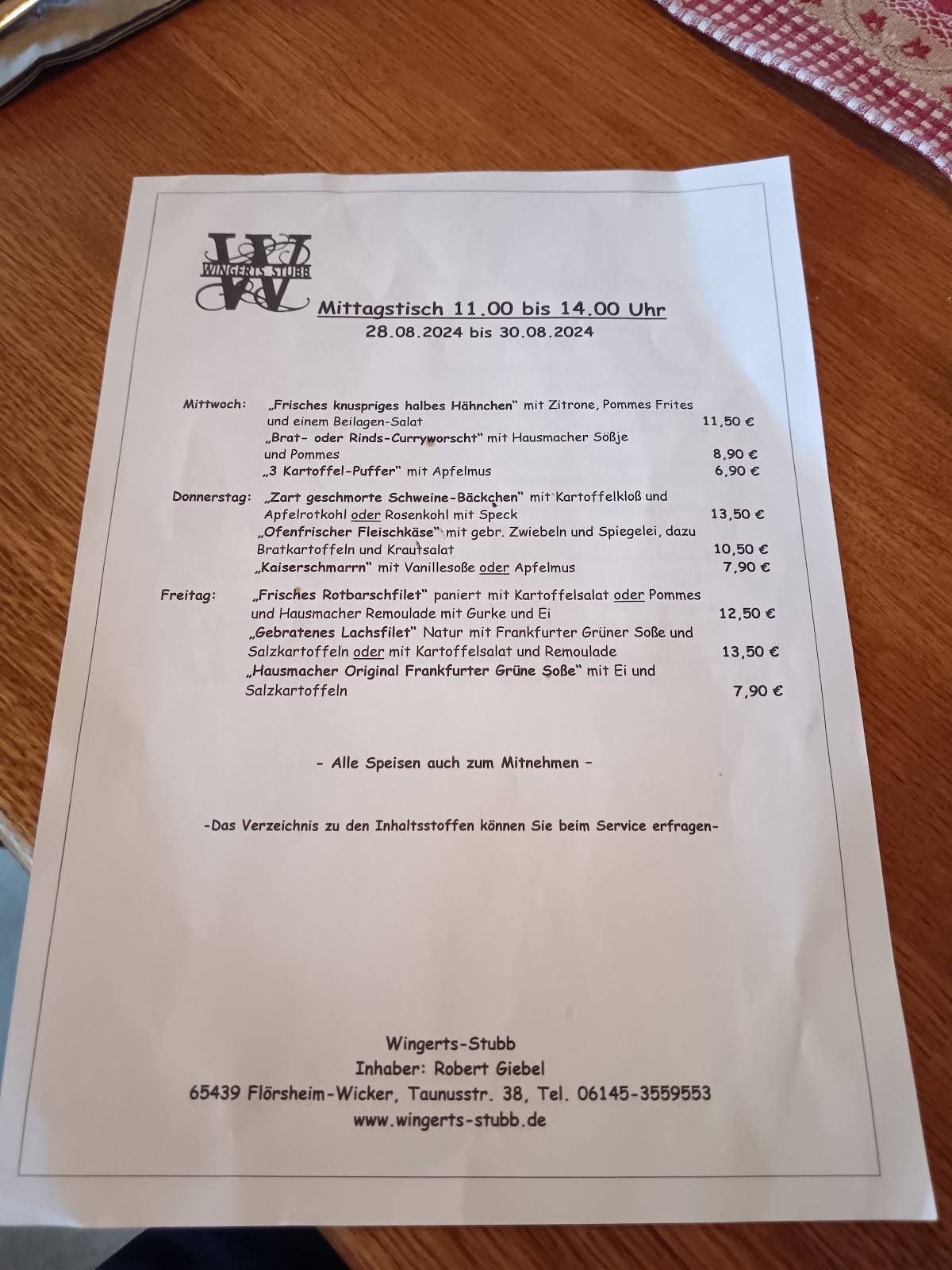 Carta del restaurante Wingerts Stubb, Flörsheim am Main