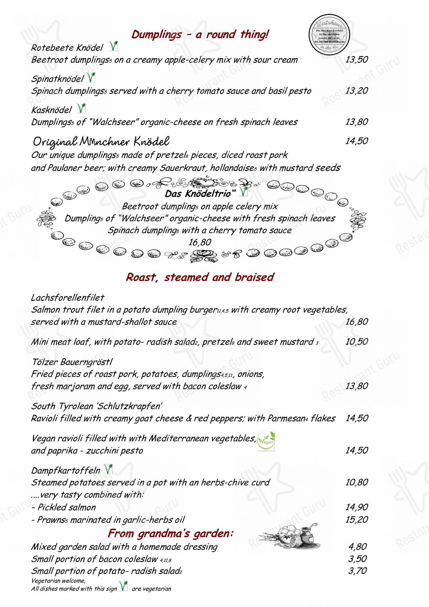Menu at Wirtshaus in der Au restaurant, Munich