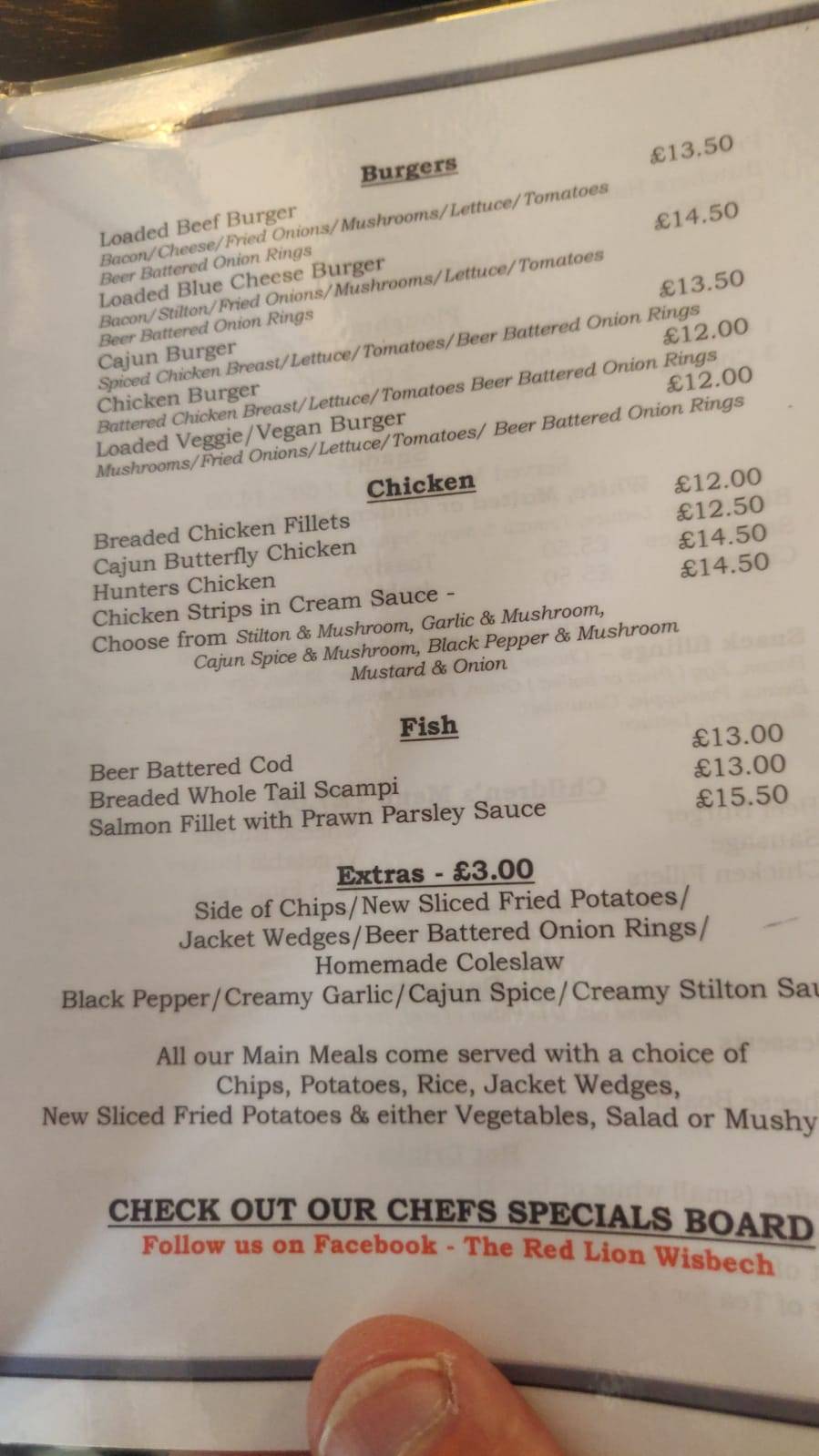 Menu at The Red Lion restaurant, Wisbech