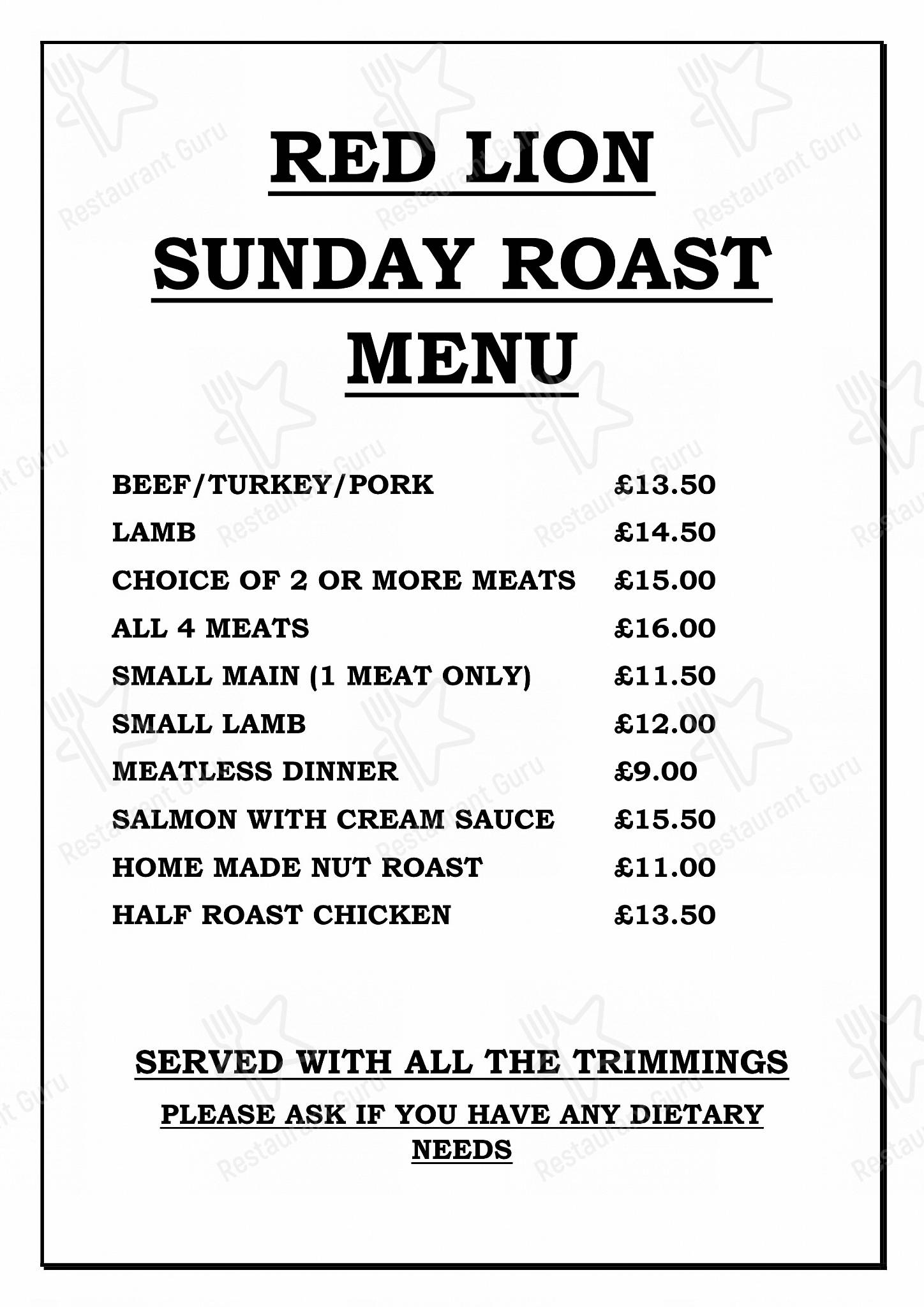 Menu at The Red Lion restaurant, Wisbech