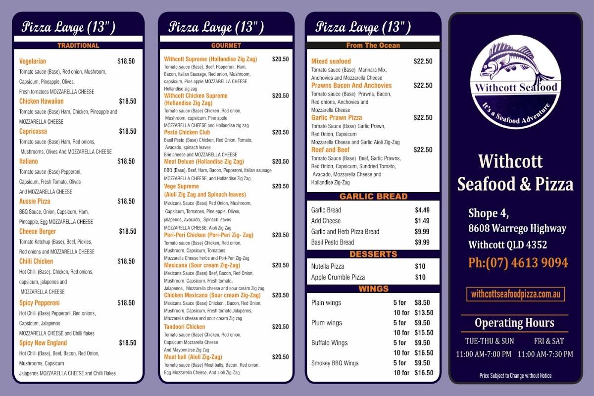 Menu at Withcott Seafood & Pizza pub & bar, Withcott