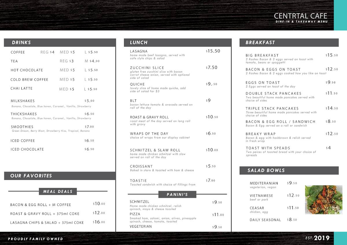 Carta de Wodonga Central Cafe, Wodonga