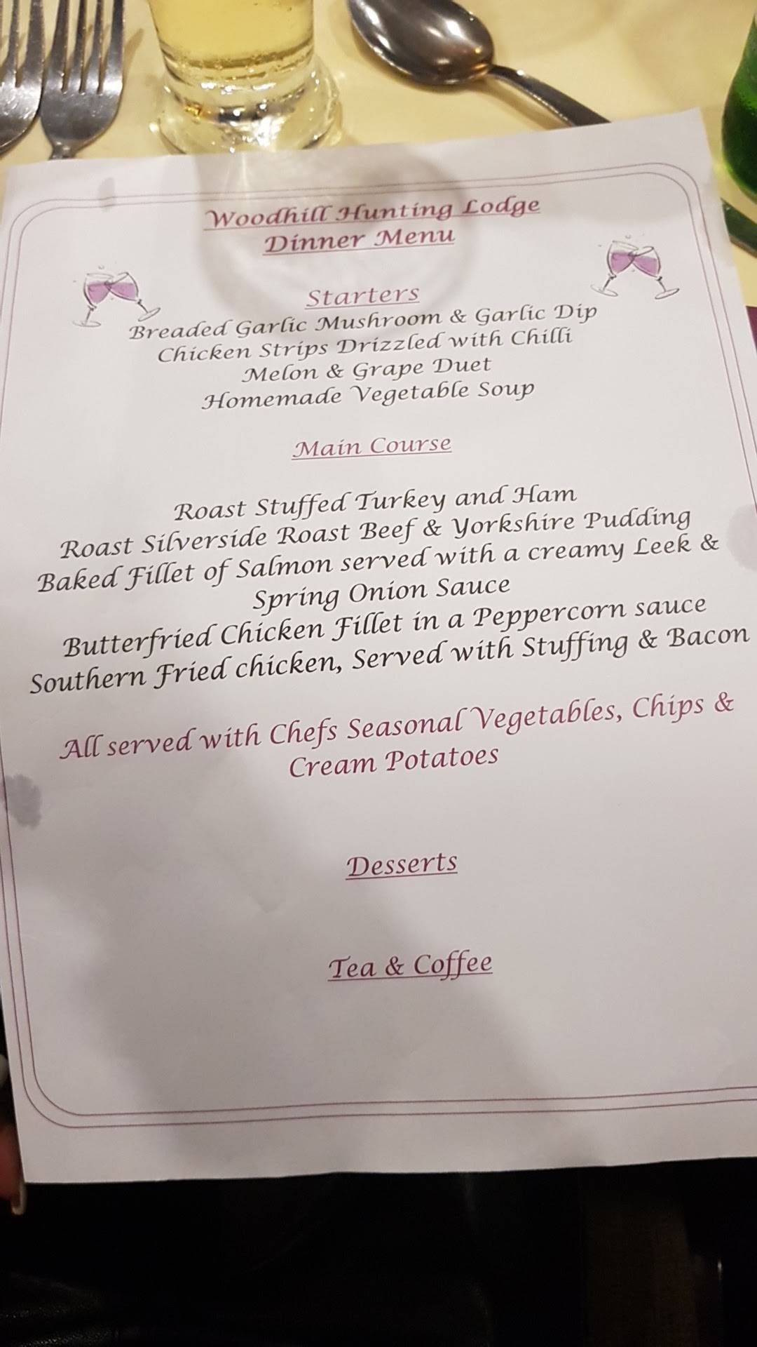 Menu at Woodhill Hunting Lodge restaurant, Irvinestown, Derrynanny