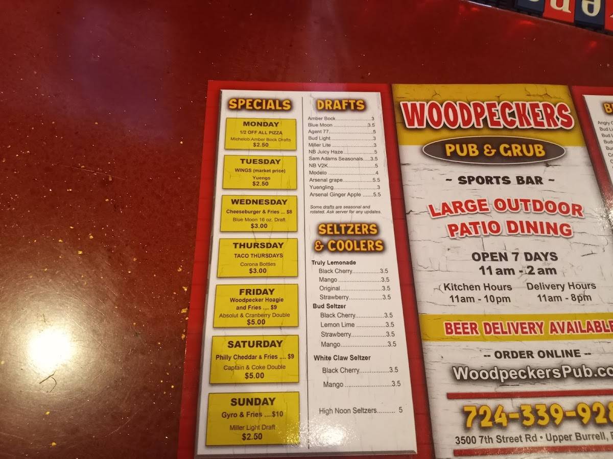 Menu at Woodpeckers Pub & Grub, New Kensington