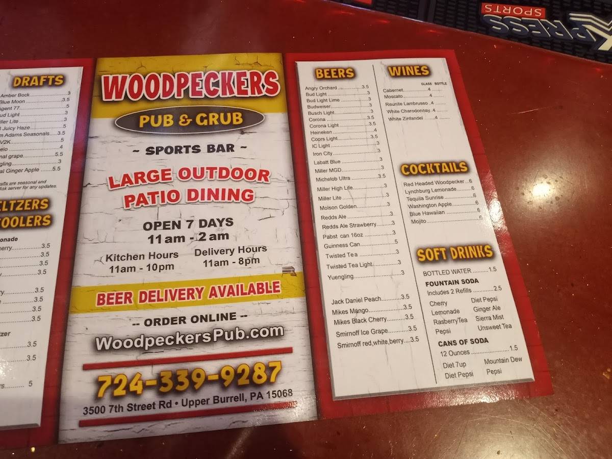 Menu at Woodpeckers Pub & Grub, New Kensington
