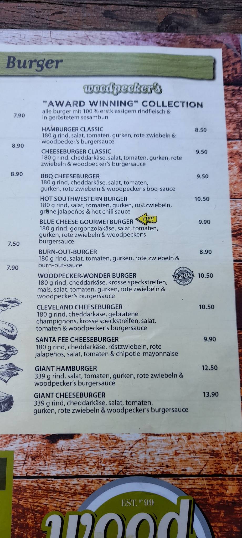 Speisekarte von Woodpecker's Roadhouse pub & Bar, Bottrop