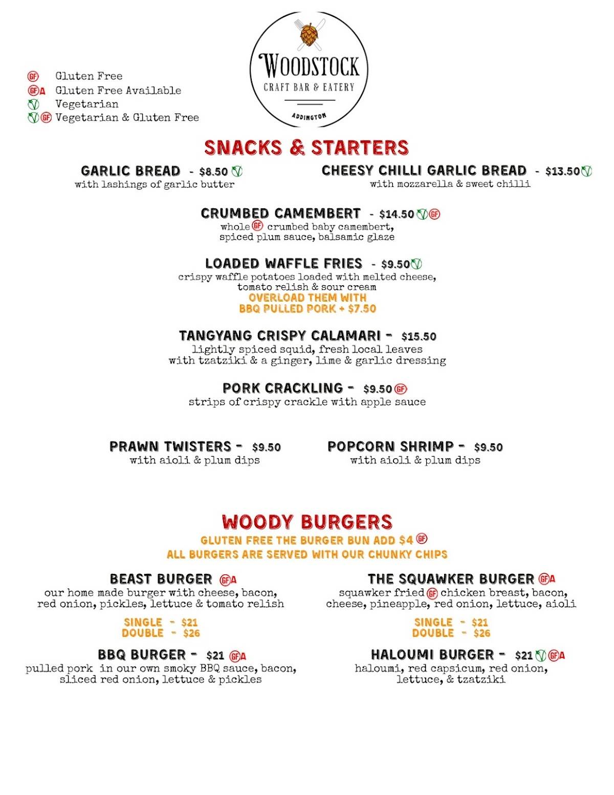 Menu at Woodstock Addington restaurant, Christchurch