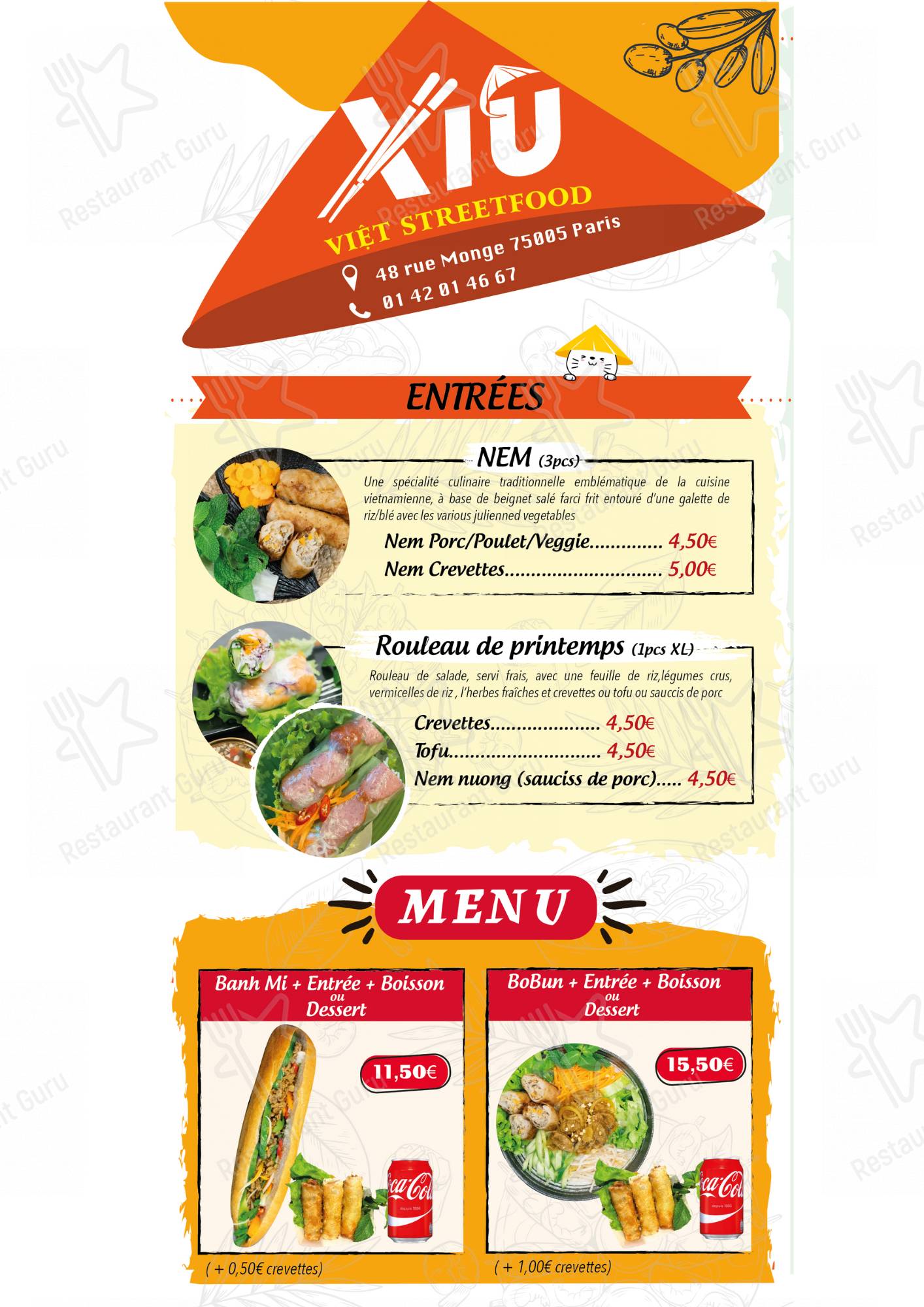Menu au XIU - Việt Street-food restaurant, Paris