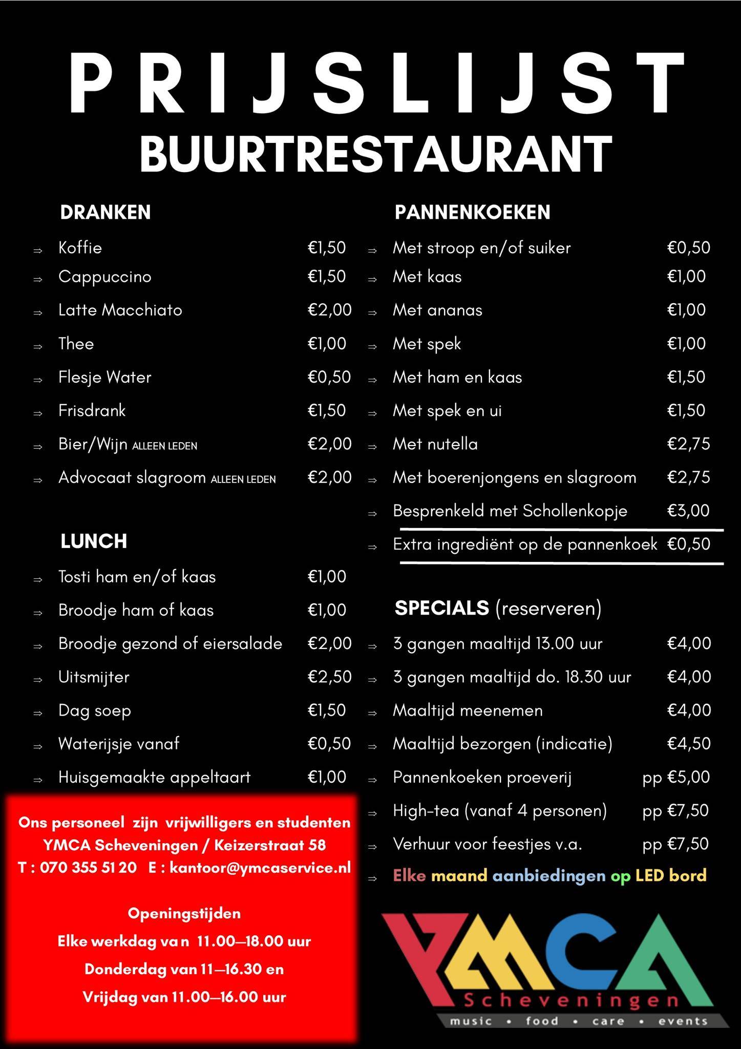 Menu at YMCA Scheveningen restaurant, The Hague