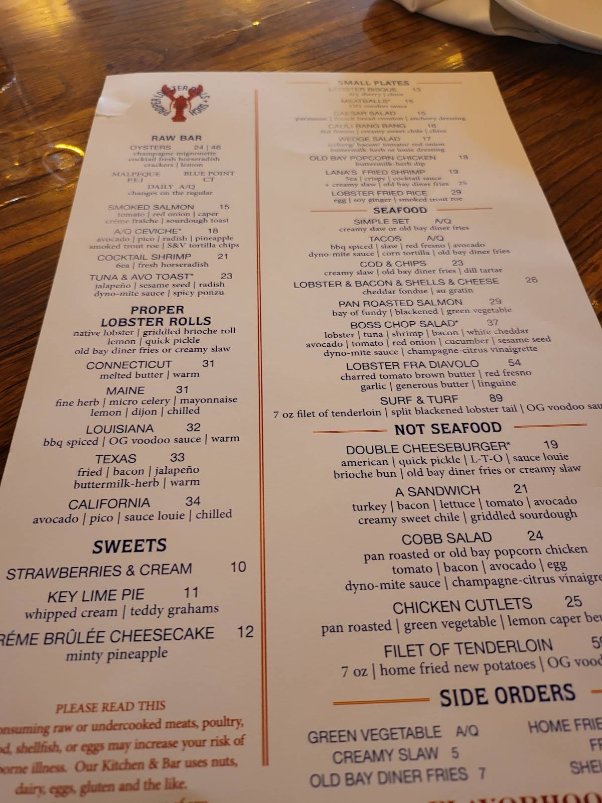 Menu at YO! Lobster restaurant, Dallas