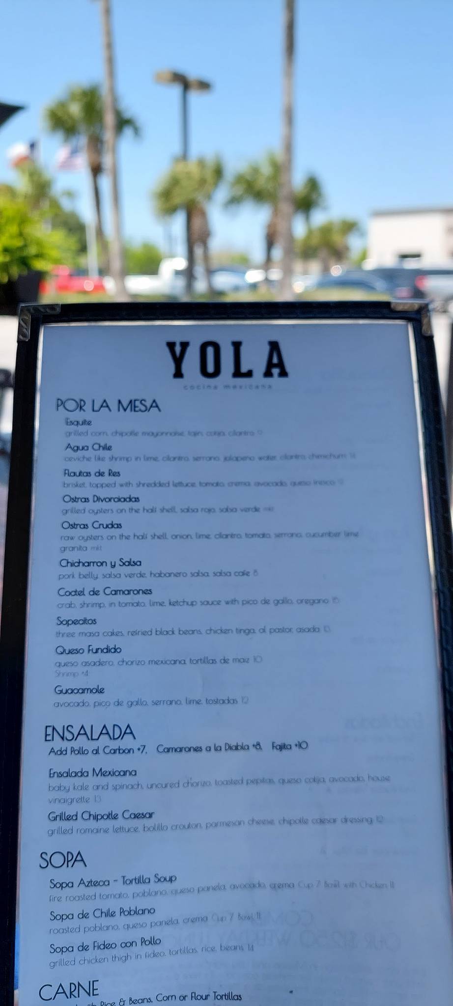 Menu at YOLA cocina mexicana pub & bar, Corpus Christi