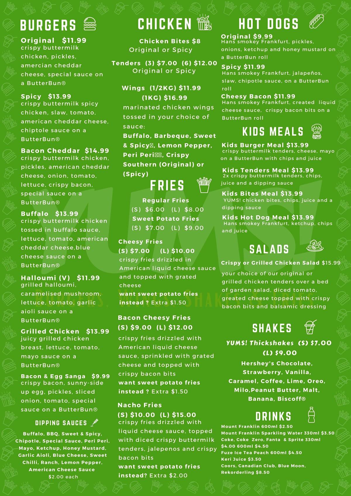 Menu at YUMS! CHICKEN - Griffith University restaurant, Nathan