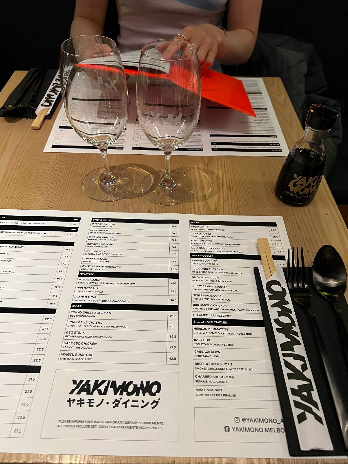 Menu at Yakimono restaurant, Melbourne
