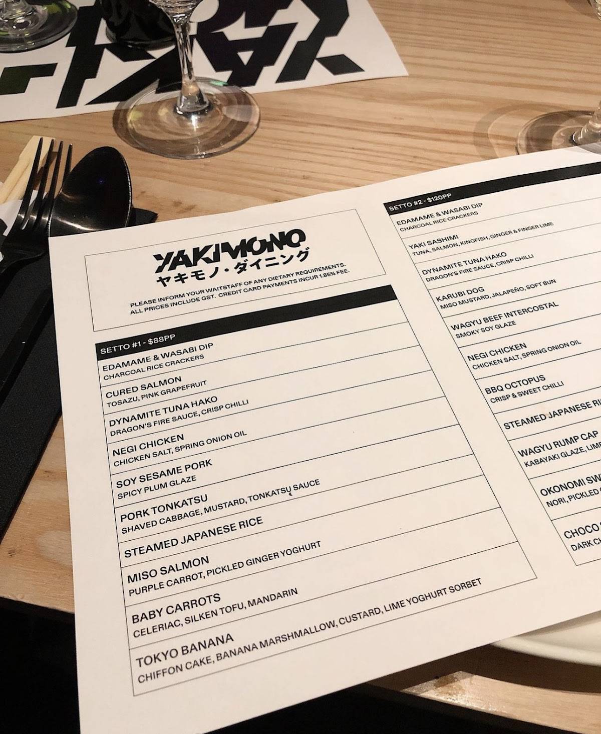 Menu at Yakimono restaurant, Melbourne