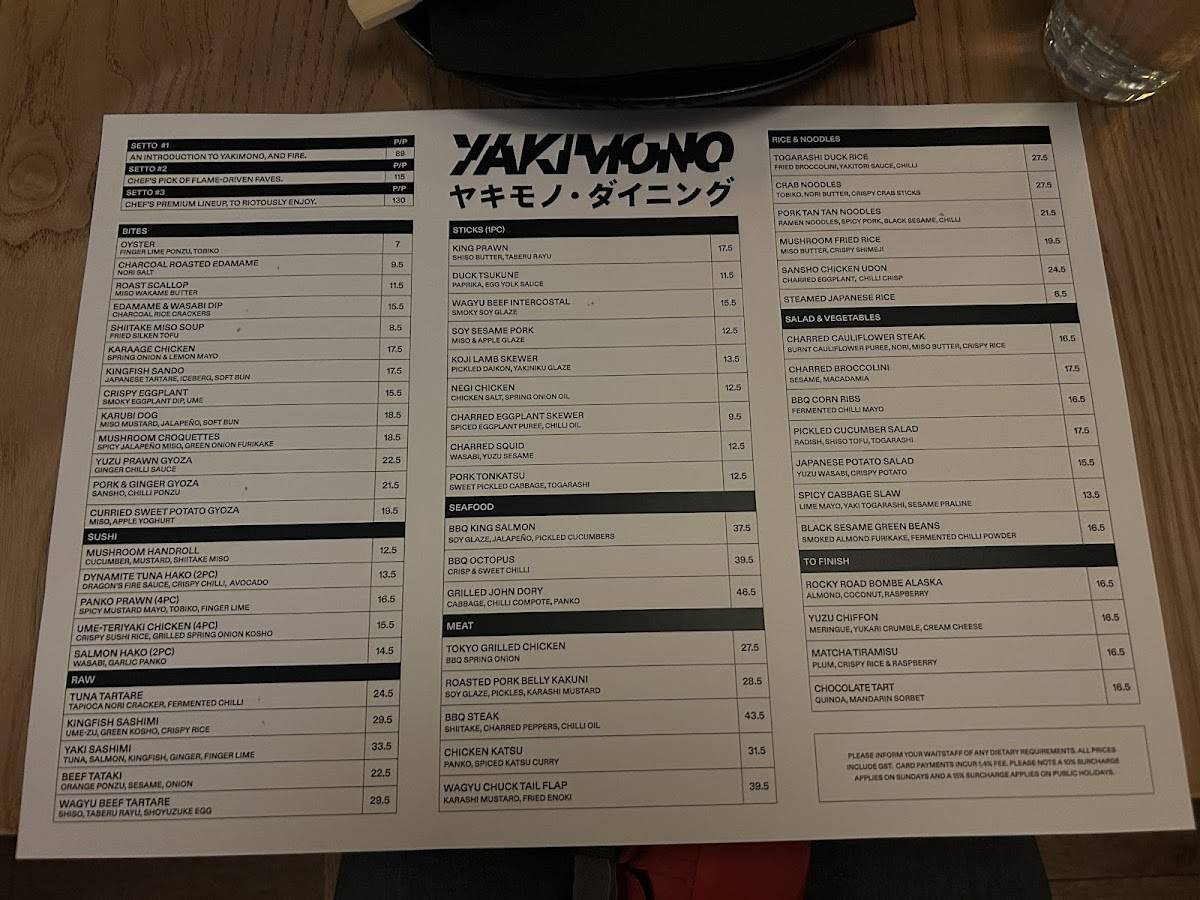 Menu at Yakimono restaurant, Melbourne