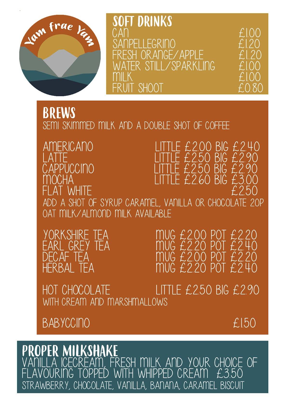 Menu at Yam Frae Yam Coffee Shop - Coffe, Cake & Crafts cafe, Seascale