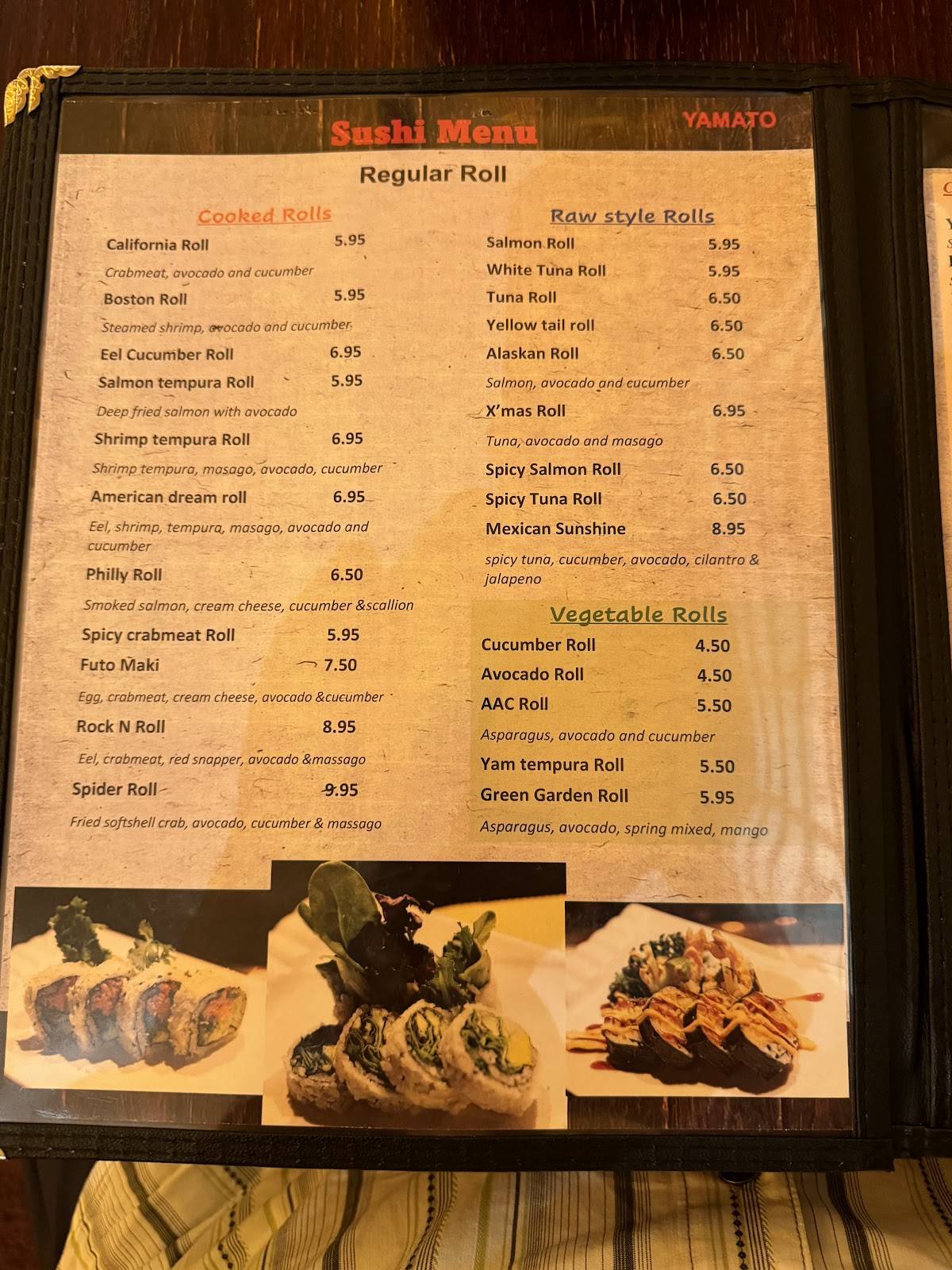Menu at Yamato Japanese Restaurant, Martinsville