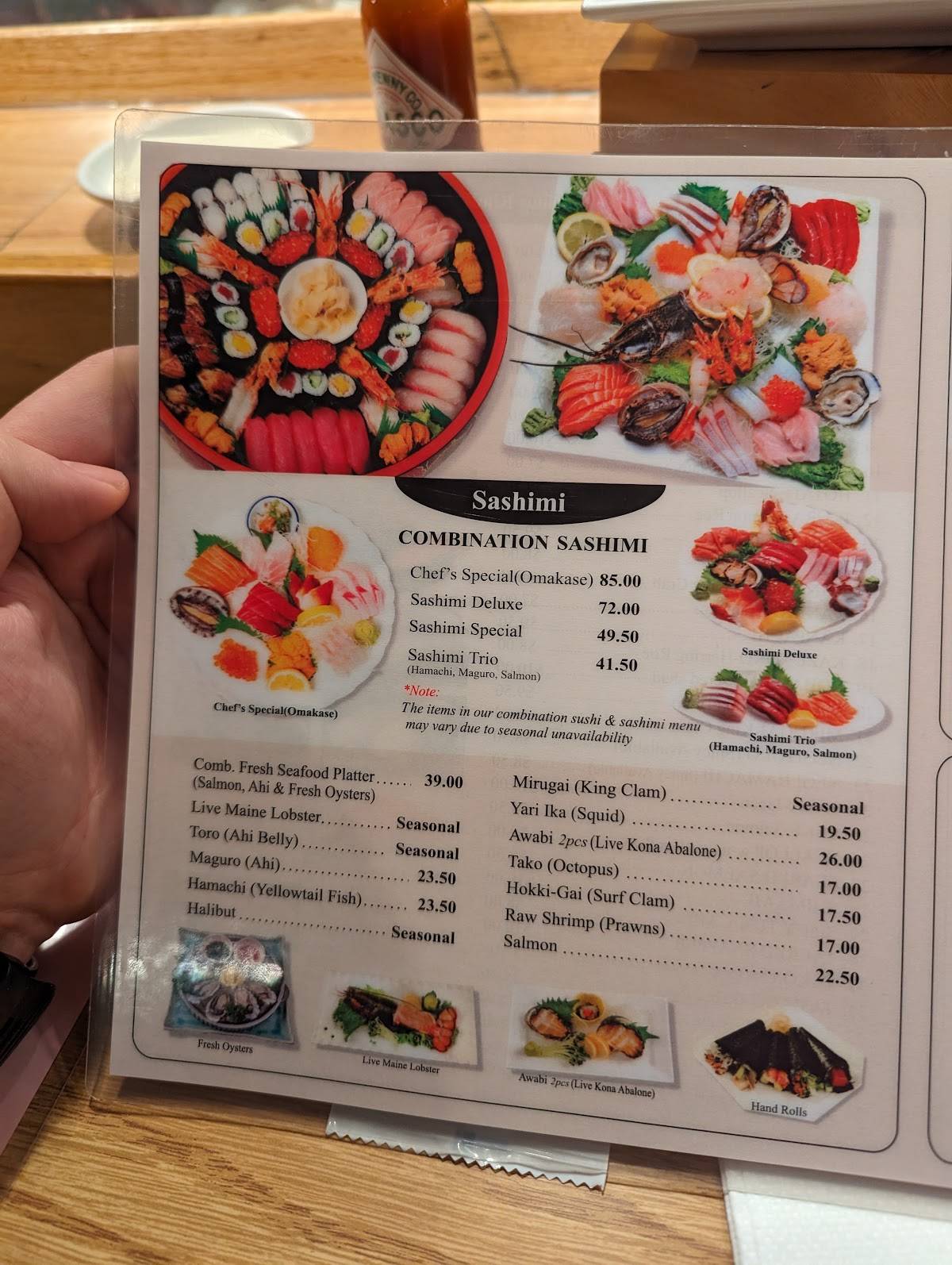 Menu at Yanagi Sushi restaurant, Honolulu