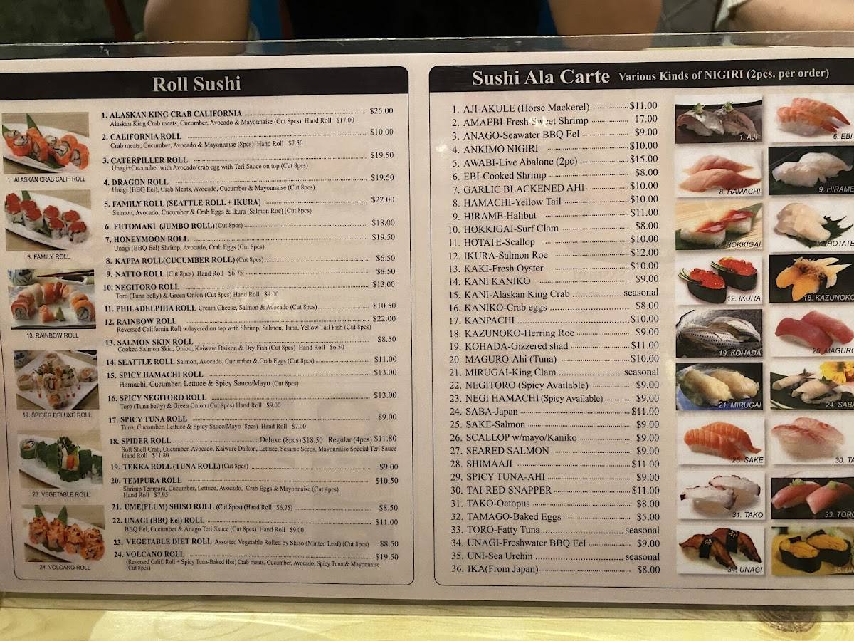 Menu at Yanagi Sushi restaurant, Honolulu