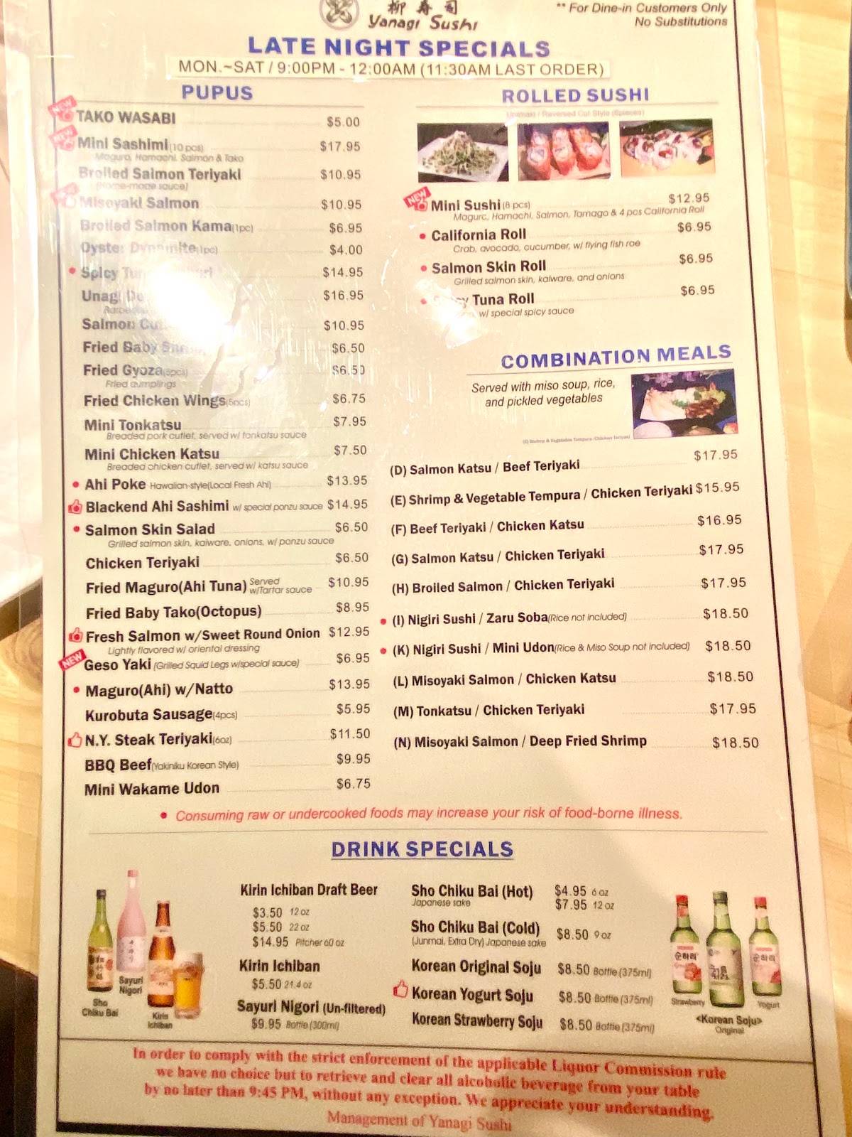 Menu at Yanagi Sushi restaurant, Honolulu