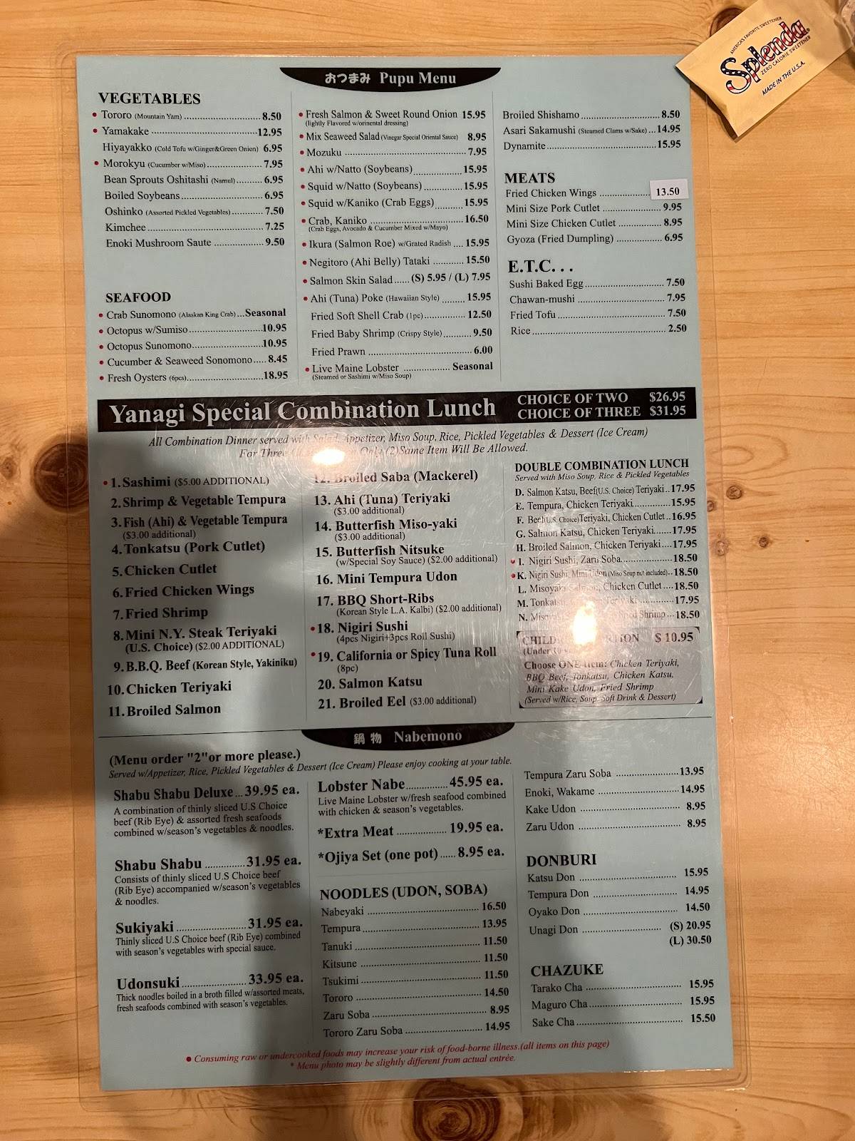 Menu at Yanagi Sushi restaurant, Honolulu