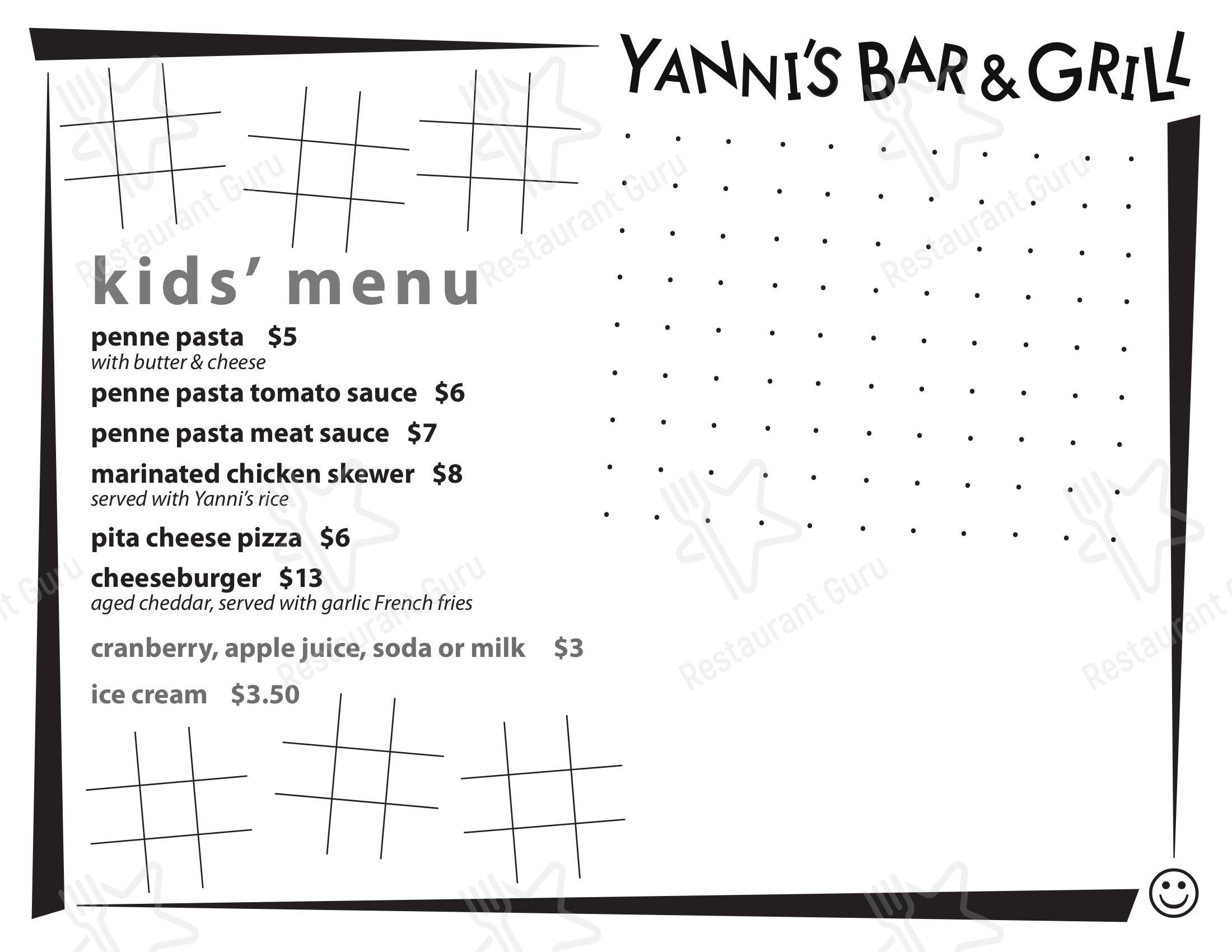 Menu at Yanni's Bar & Grill, San Diego