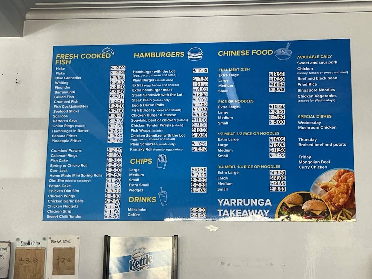 Menu at Yarrunga Take Away restaurant, Wangaratta
