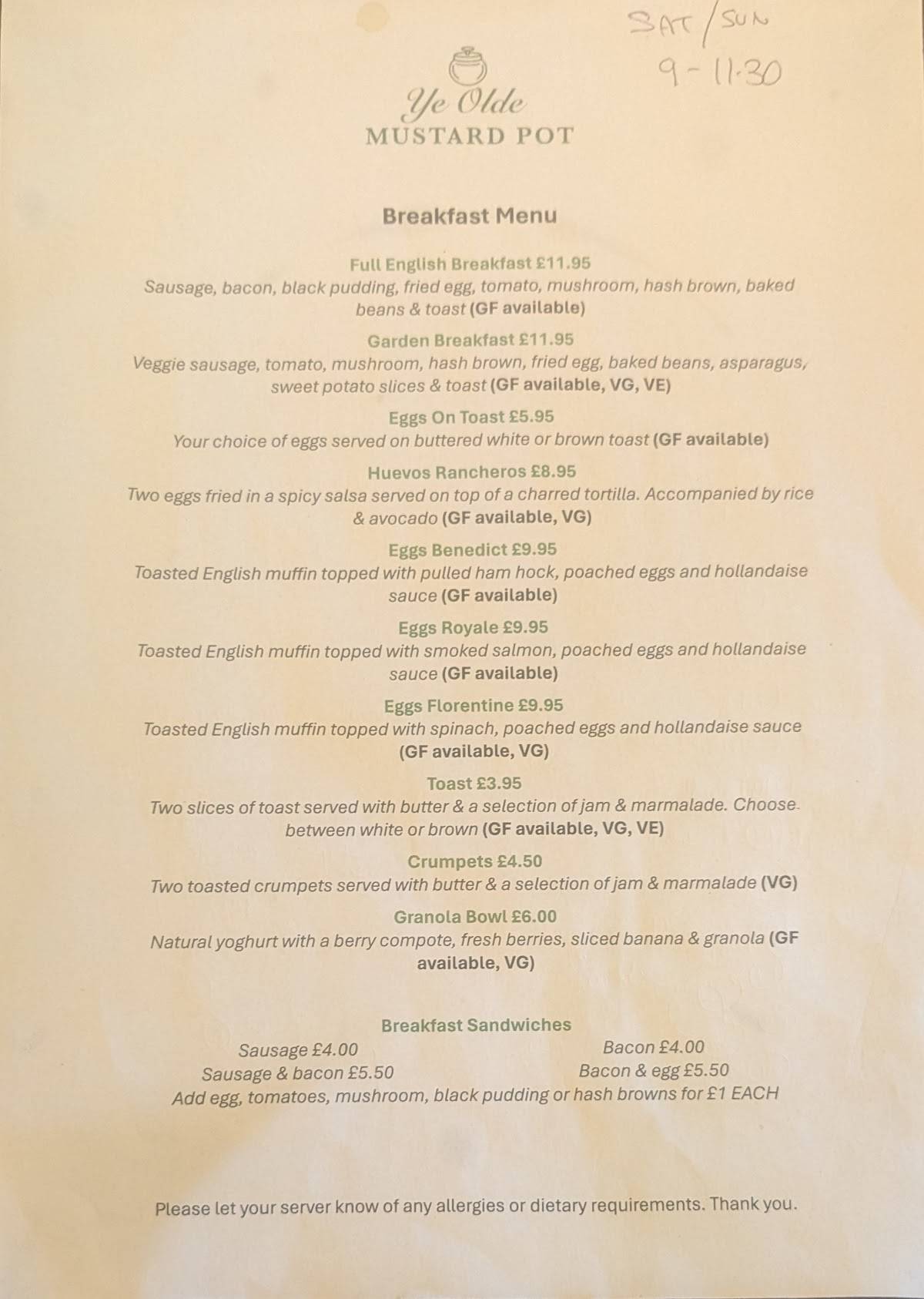Menu at Ye Olde Mustard Pot pub & bar, Sheffield, Midhope Hall Ln