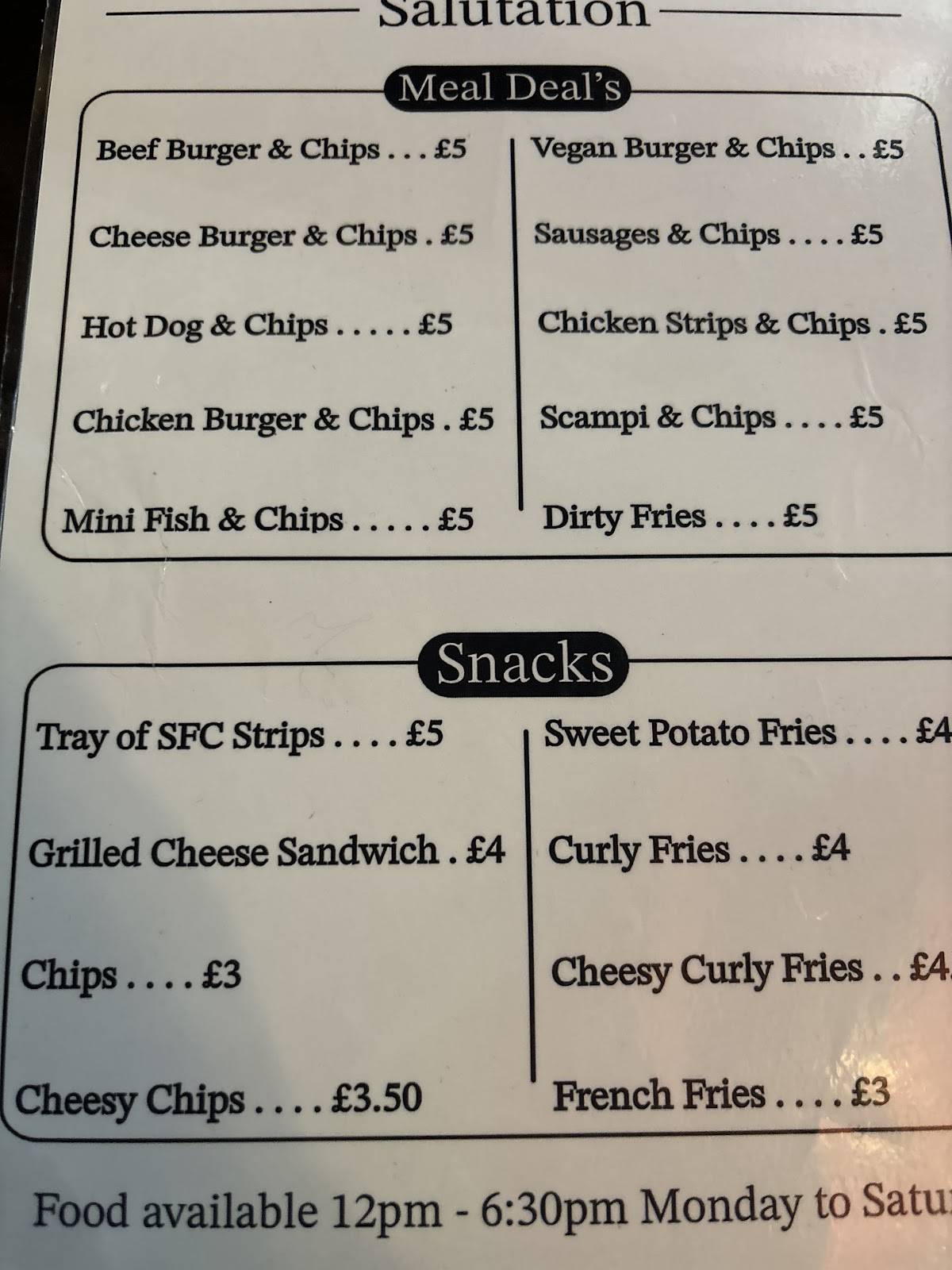 Menu at Ye Olde Salutation Inn pub & bar, Nottingham
