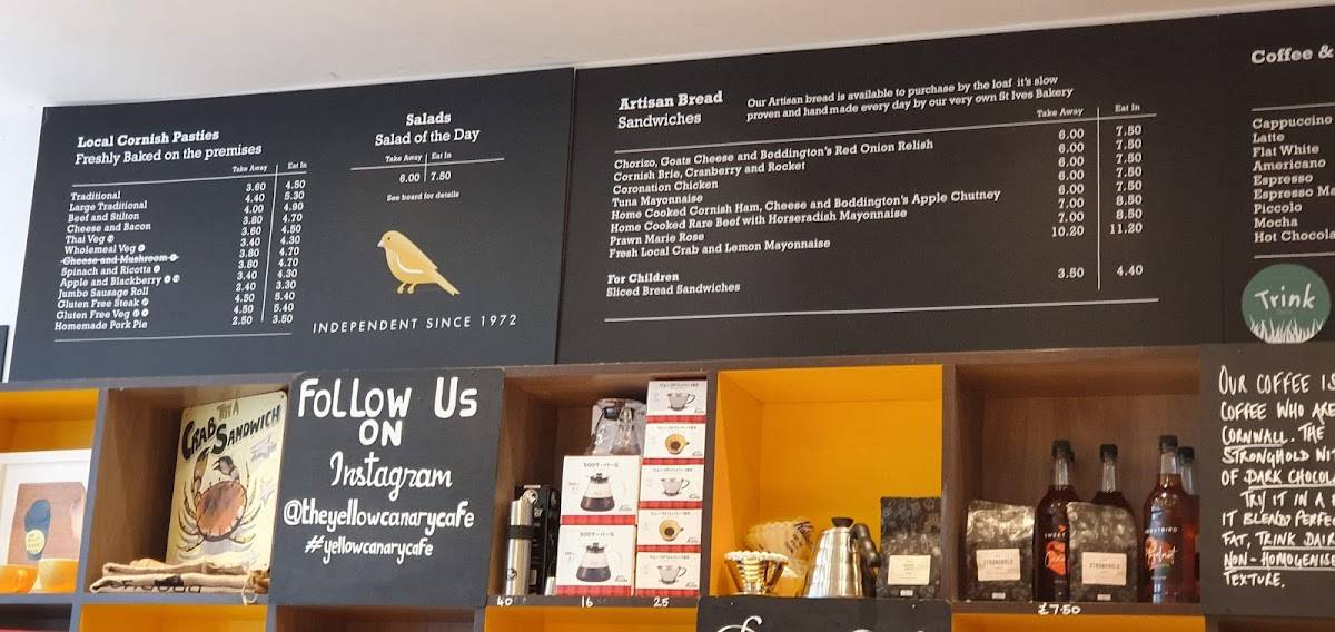 Menu at Yellow Canary cafe, Saint Ives
