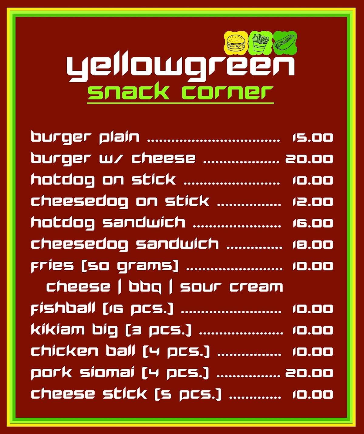 Menu at YellowGreen Snack Corner pub & bar, Quezon City
