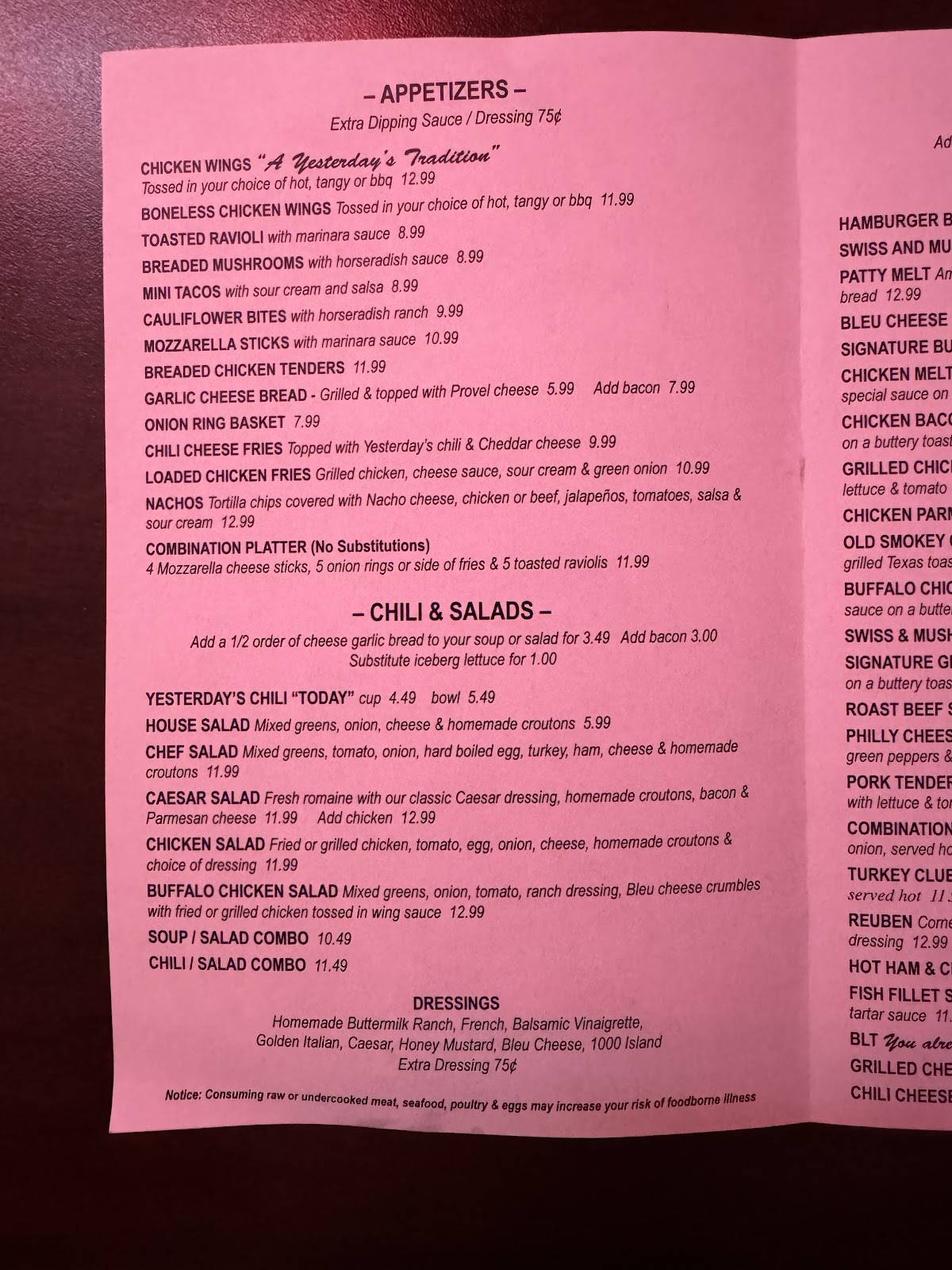 Menu at Yesterday's Bar & Grill, Woodson Terrace