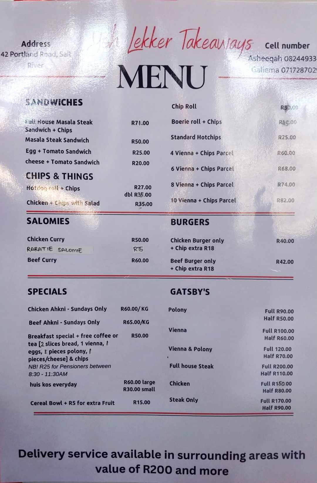Menu at Yoh Lekker takeaways, Cape Town