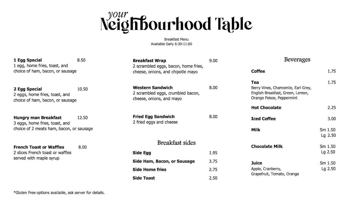 Menu at Your Neighbourhood Table restaurant, Canada, Side Rd 15 RR#3