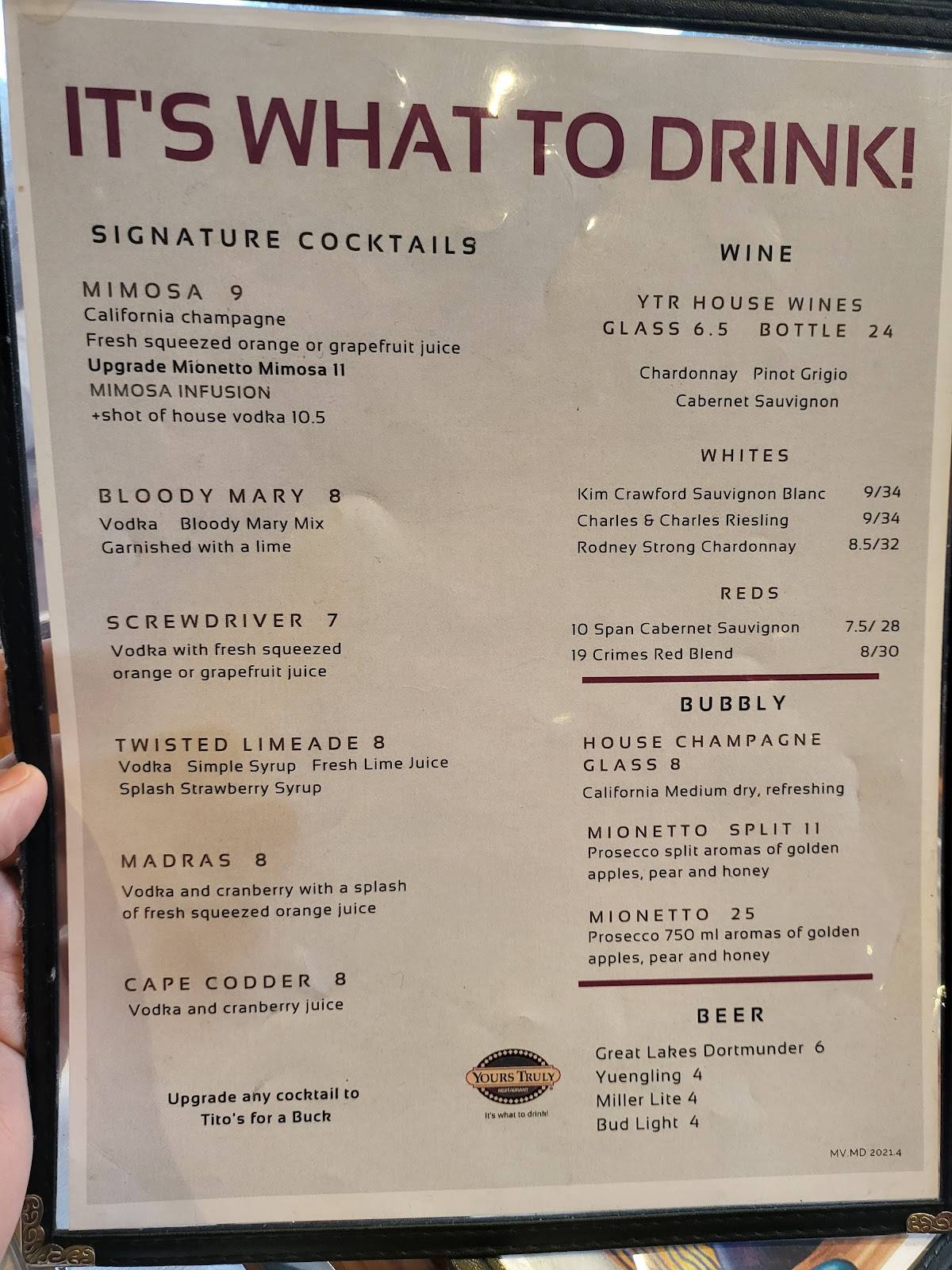 Menu at Yours Truly Medina restaurant, Medina