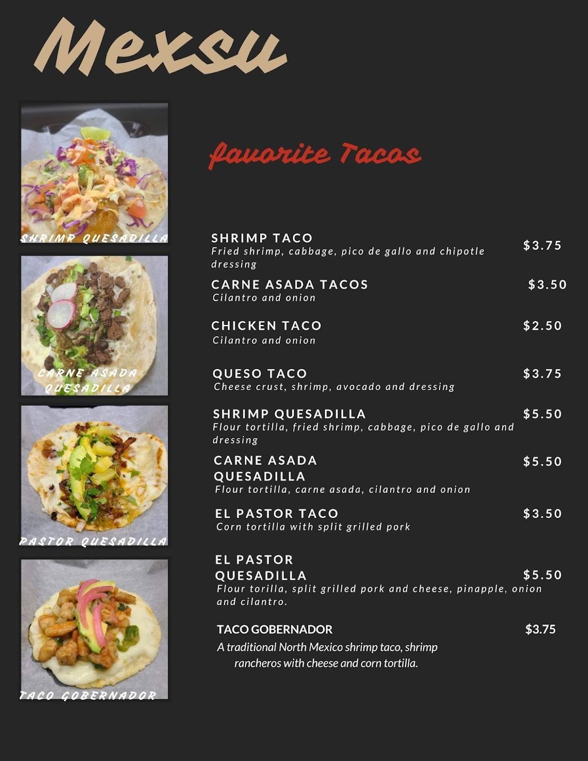 Menu at Mexsu restaurant, Yuma