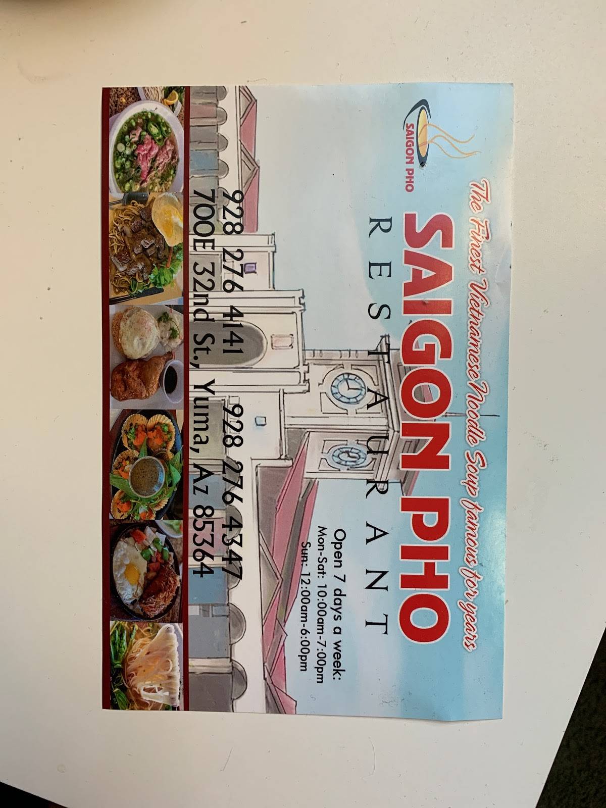 Menu at Saigon Pho Restaurant, Yuma