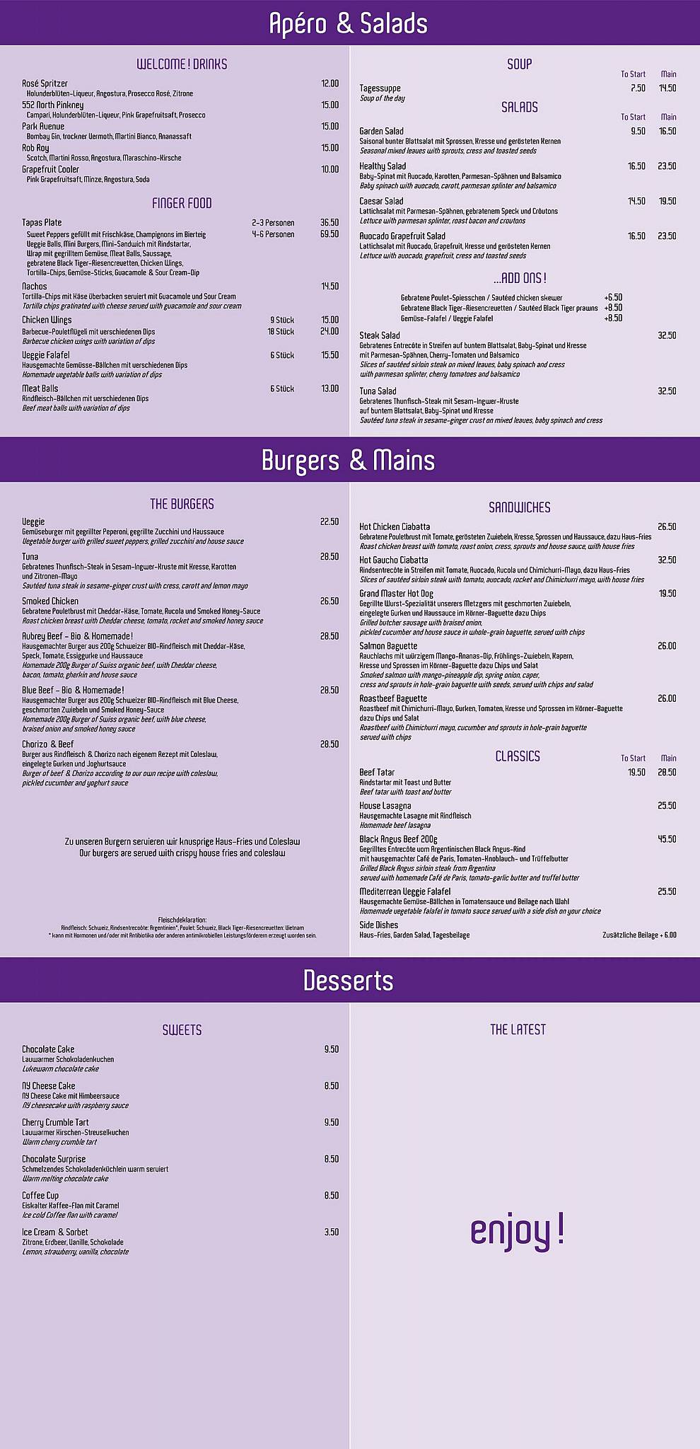 Menu at Aubrey, Zürich