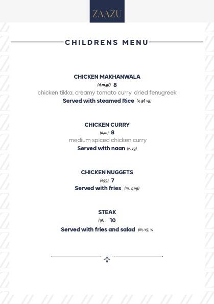 Menu at Zaazu Restaurant, Tamworth