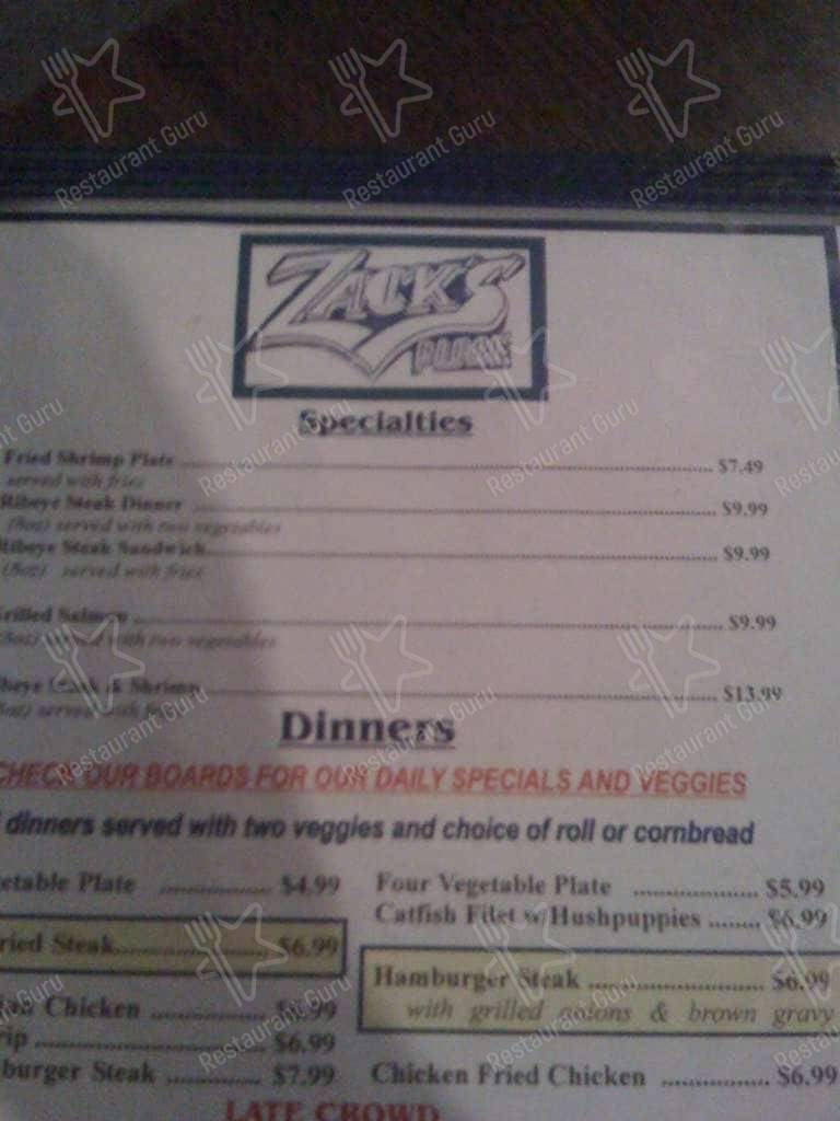 Menu at Zack's Place LLC pub & bar, Little Rock