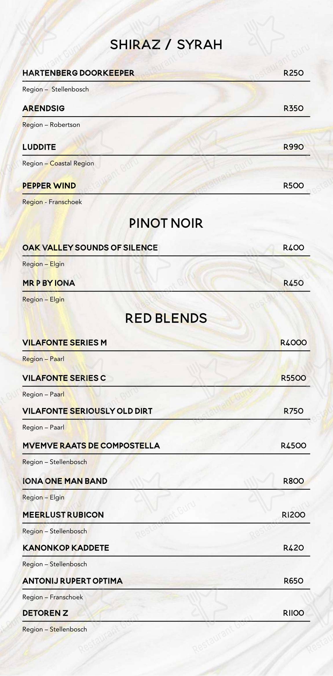 Menu at Zai Restaurant Durban, Durban