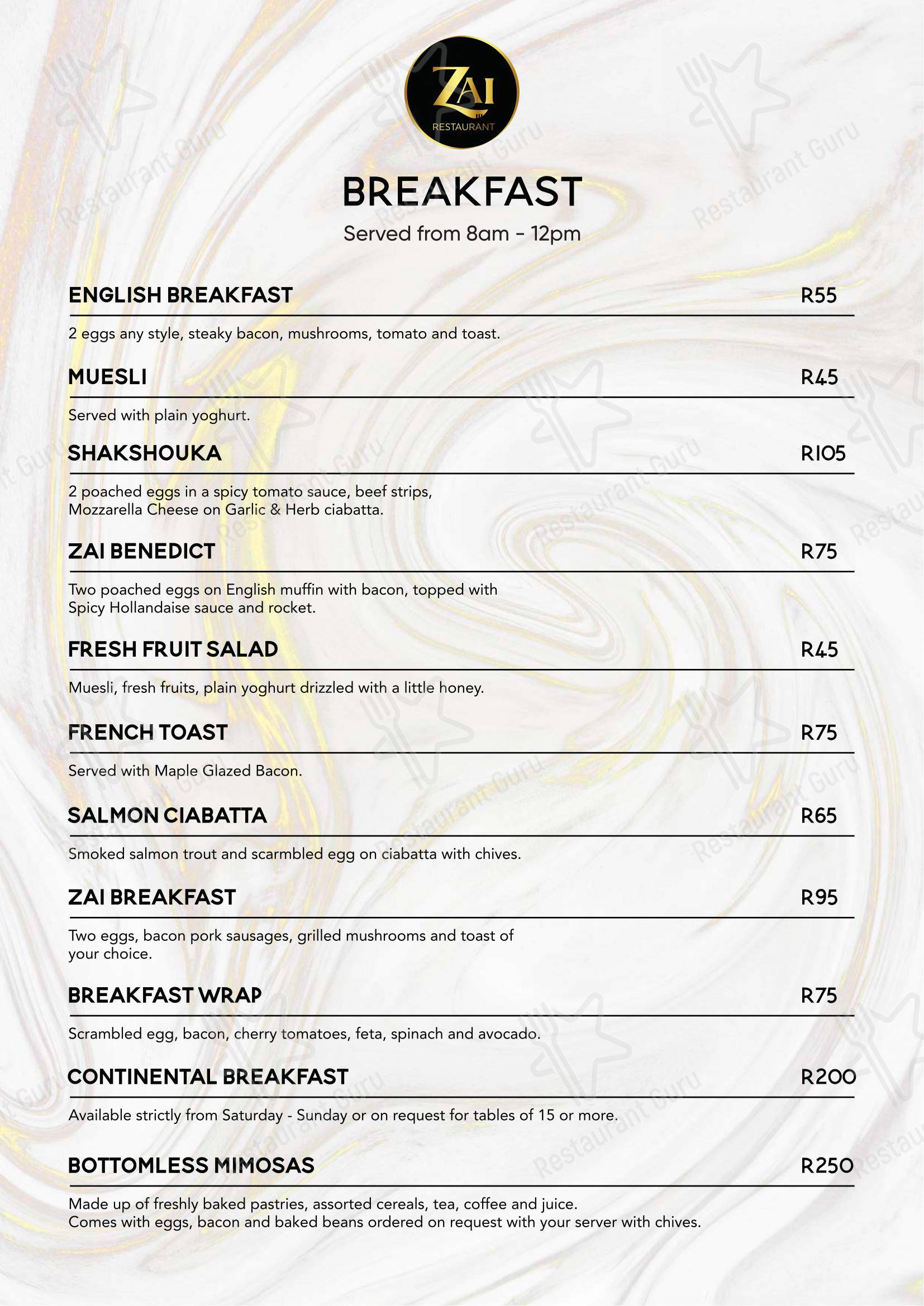 Menu at Zai Restaurant Durban, Durban