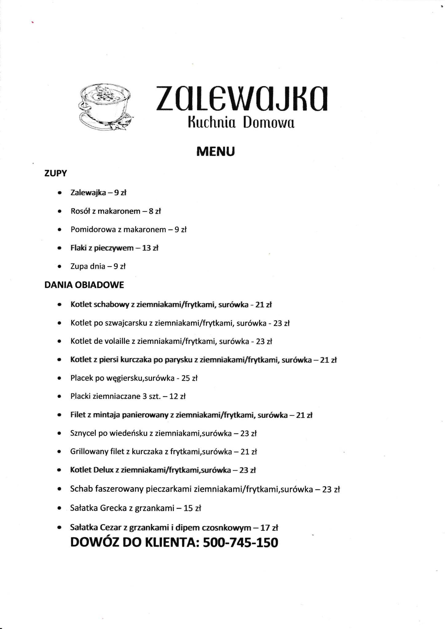 Menu at Zalewajka Kuchnia Domowa restaurant, Sosnowiec
