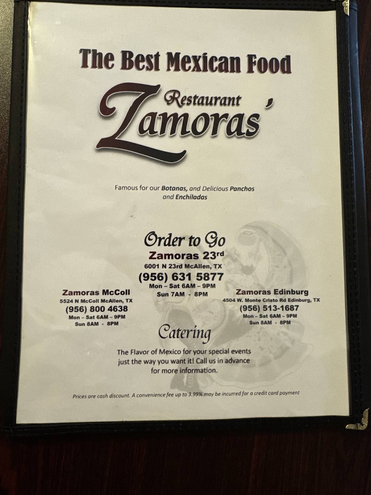 Menu at Zamoras' Restaurant #1, McAllen, N 23rd St